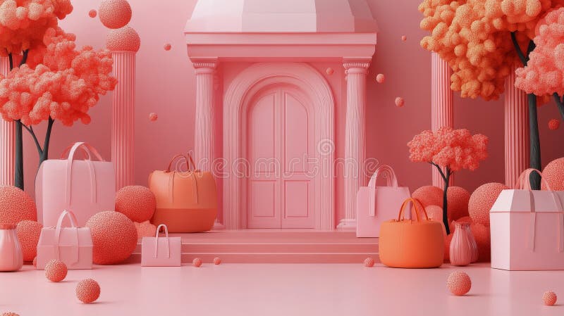 Pink-themed Decorative Display with Whimsical Trees and Various Bags ...