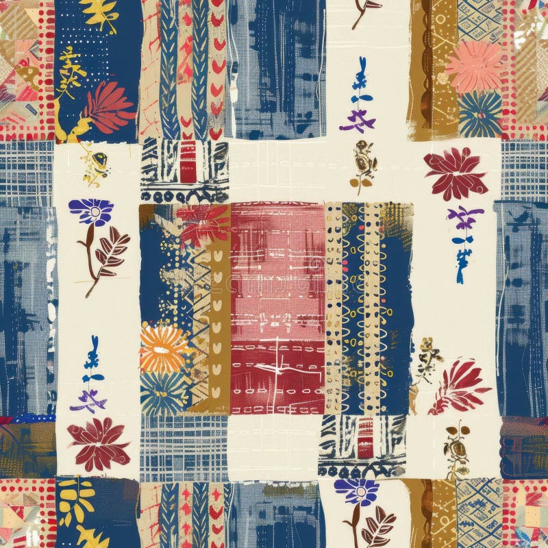 Vibrant Patchwork Collage with Floral and Geometric Patterns Stock ...
