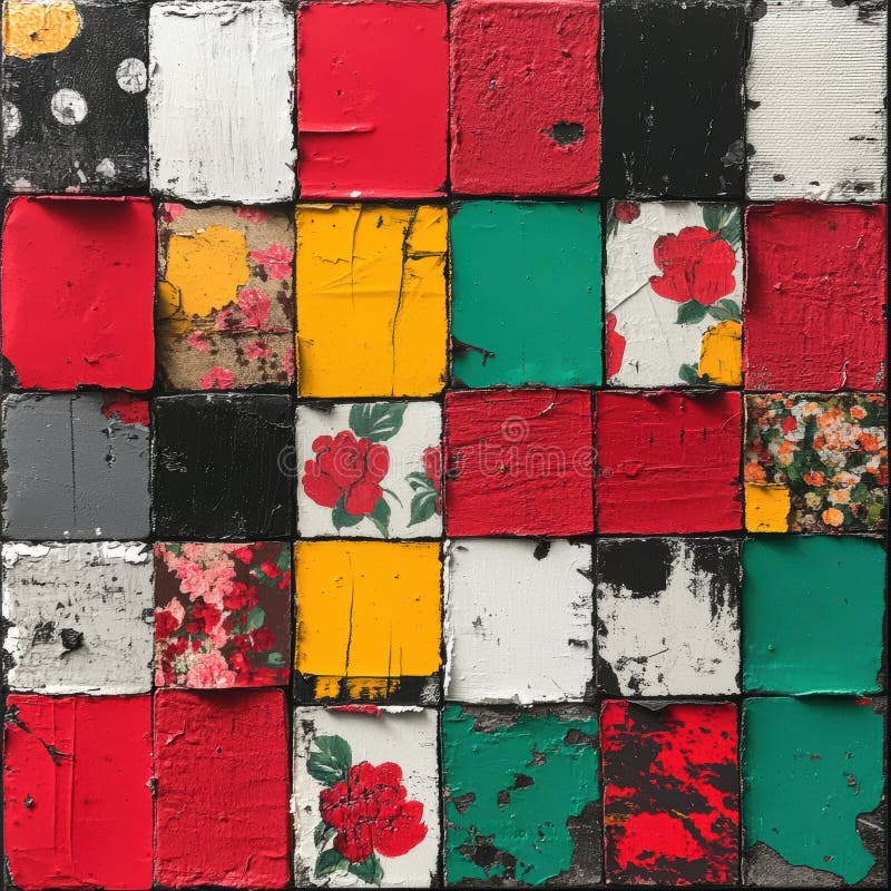 A Vibrant Patchwork Composition Featuring Textured Squares in Red ...