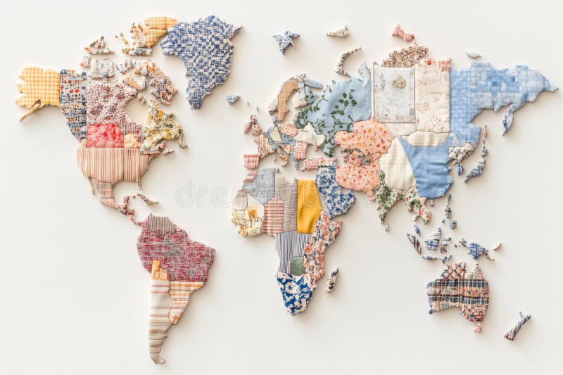 Colorful Patchwork Textile World Map Showcasing Global Regions with ...