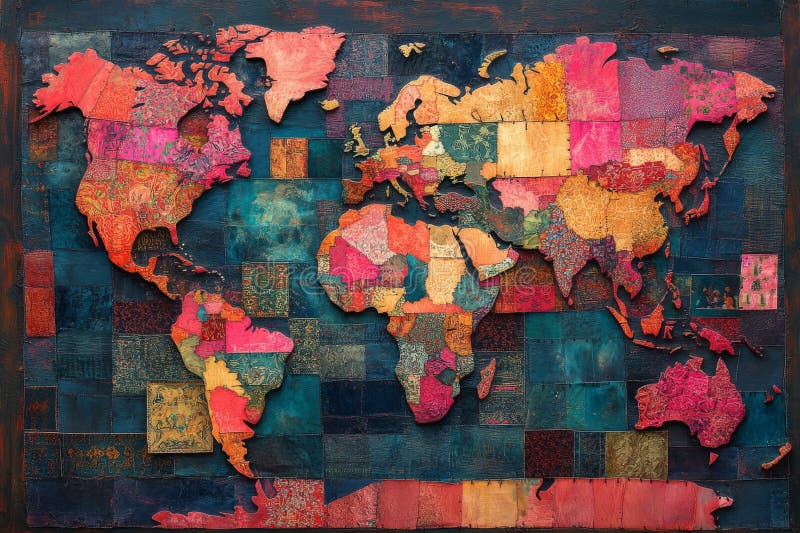 Vibrant Patchwork World Map Showcasing Diverse Textures and Colors ...