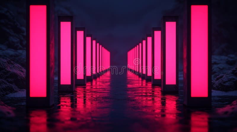 Vibrant Path with Neon Lights and Reflections Stock Illustration ...