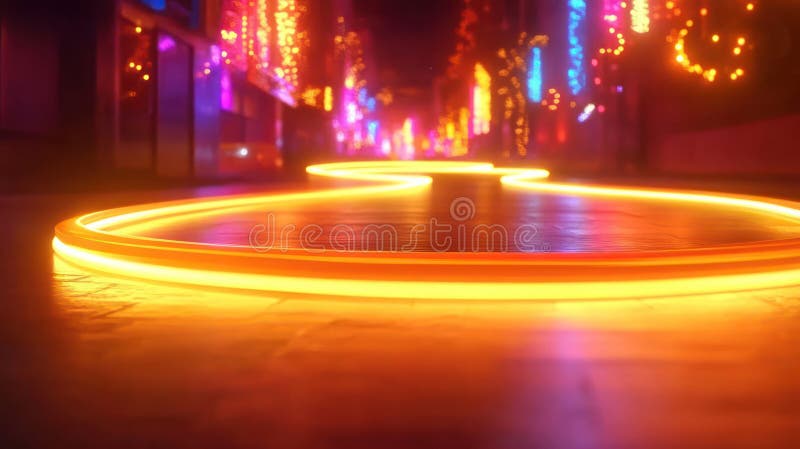 A Vibrant Pathway Illuminated by Glowing Orange Lights in a Lively ...