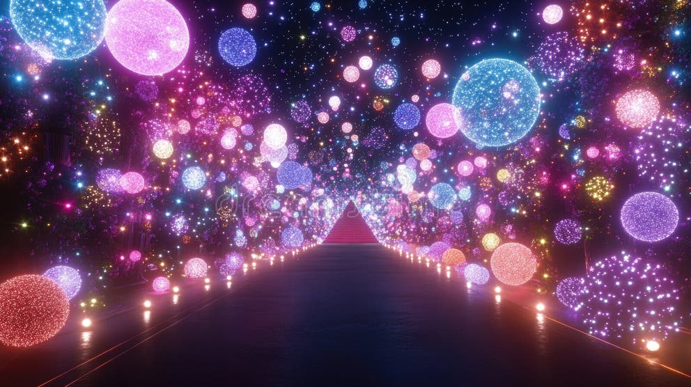Vibrant Pathway Illuminated by Multicolor Spheres in Night Sky Stock ...