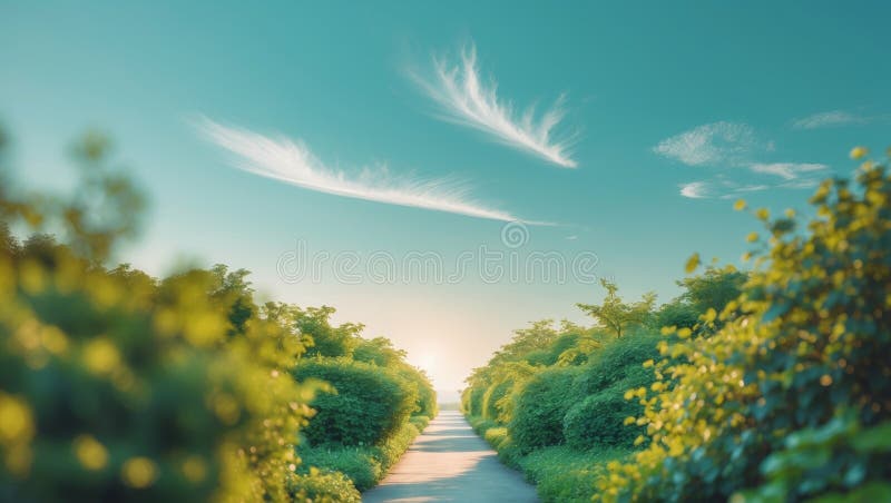 Vibrant Pathway Surrounded by Lush Greenery Under a Bright Blue Sky ...