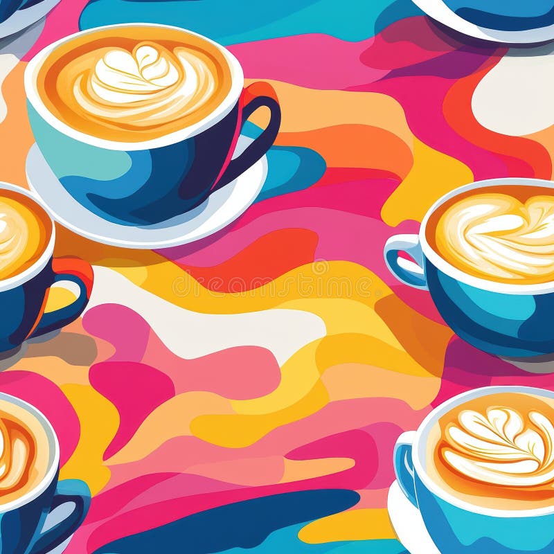 A Vibrant Pattern Featuring Colorful Coffee Cups Atop a Bright ...