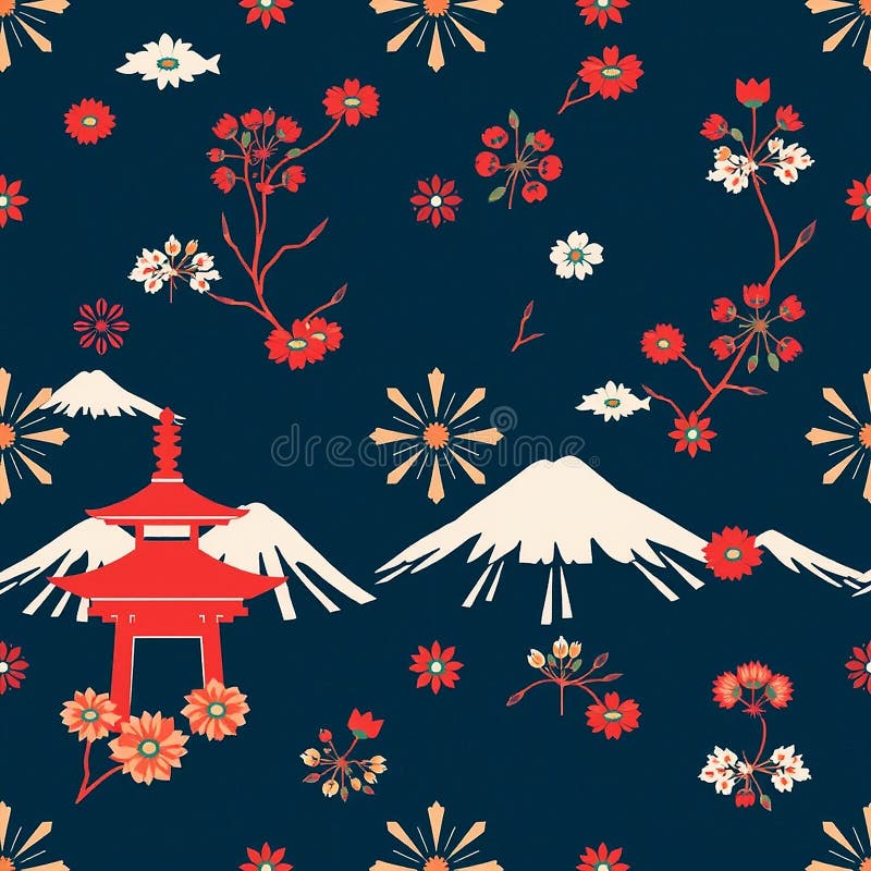 A Vibrant Pattern Featuring a Japanese Theme with Stylized White ...