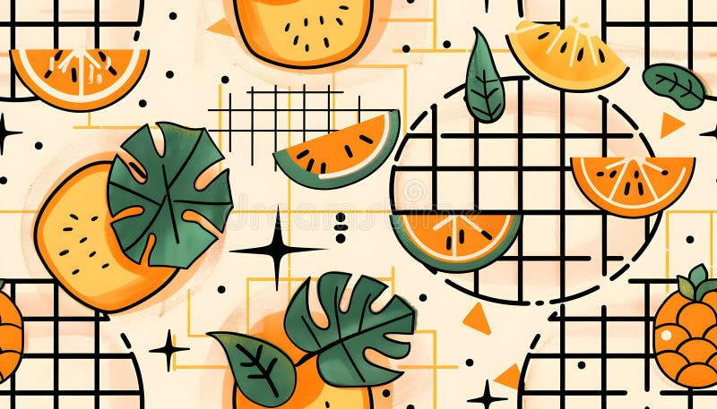 A Vibrant Pattern Featuring Various Fruits and Leaves on a Grid ...