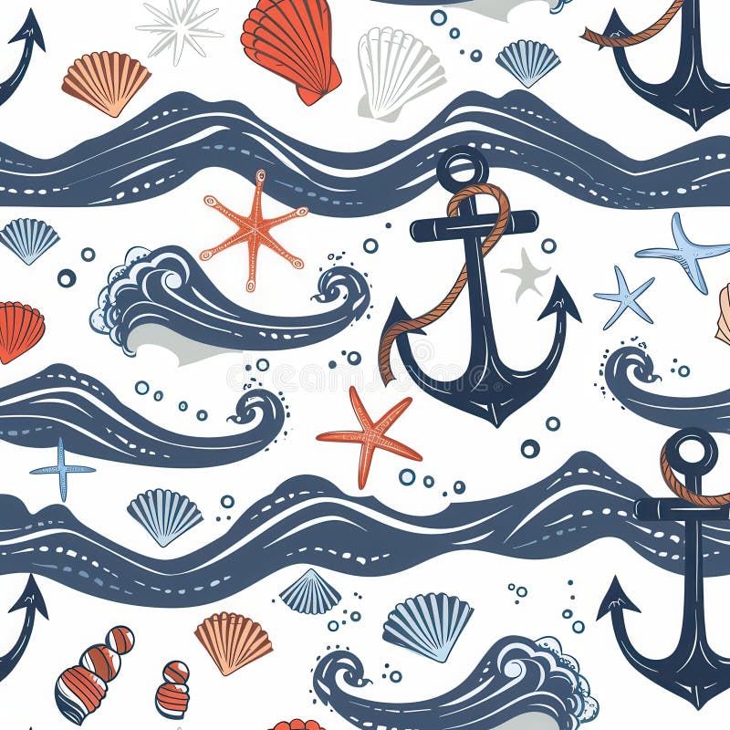 This Vibrant Pattern Showcases Playful Waves, Seashells, Anchors, and ...