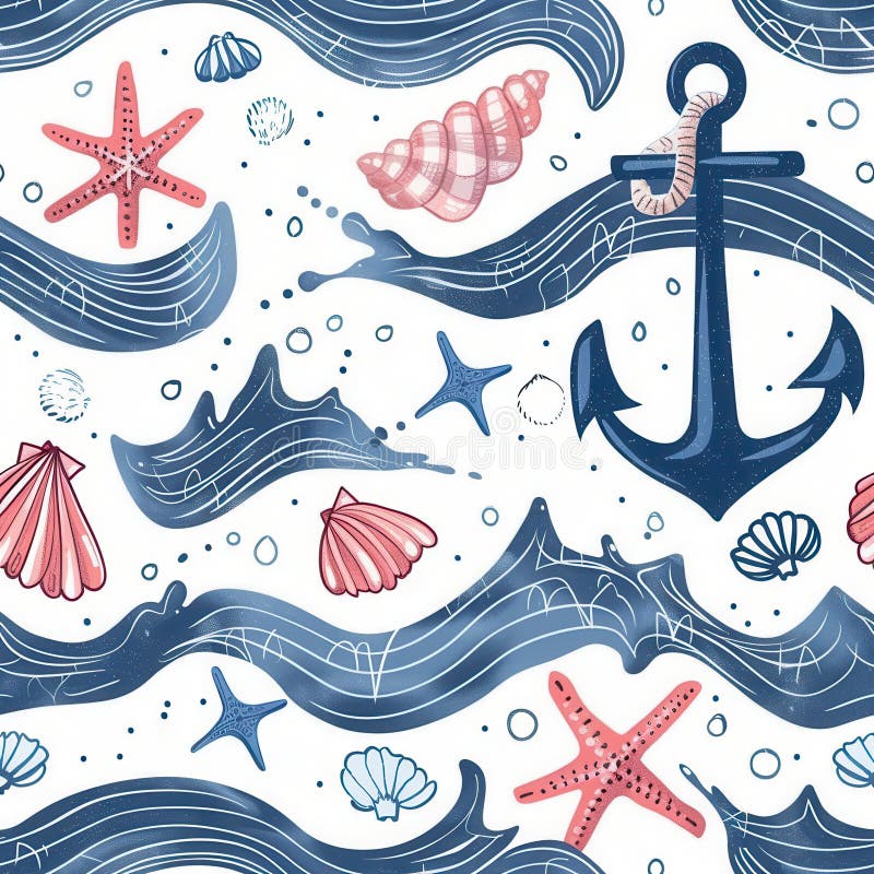 A Vibrant Pattern Showcases Various Seashells, Starfish, and an Anchor ...