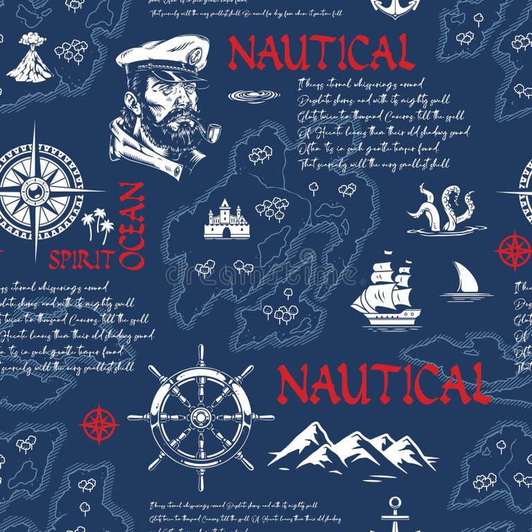 Nautical Themed Design Featuring Ships and Maps Stock Illustration ...