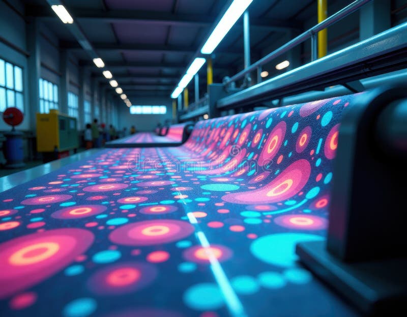 Vibrant Pattern Textile Printing in Modern Factory Stock Illustration ...