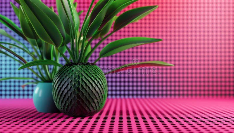 Vibrant Patterned Background with Green Plants in Vases, a Study in ...