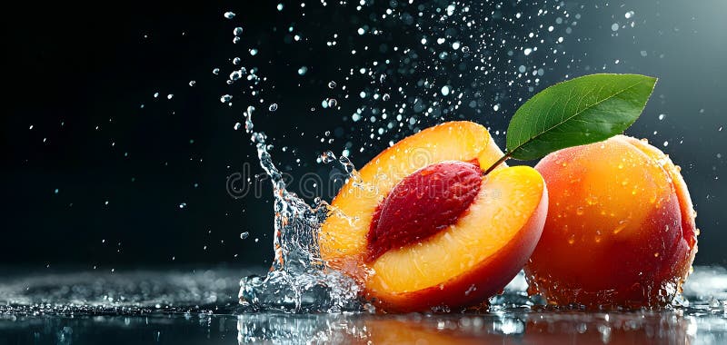 Juicy Peach Split in Half, Splashing Water in a Vibrant, Visually ...