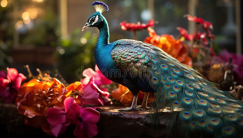 Vibrant Peacock Displays Elegance and Beauty in Nature Colors Generated ...