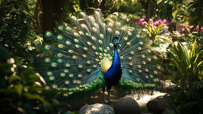 Vibrant Peacock Fanning Its Tail Feathers Garden Setting Pic Stock ...