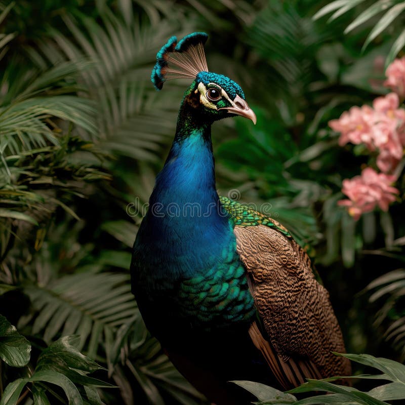A Vibrant Peacock Standing among Lush Tropical Foliage. Stock ...