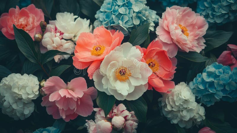 Vibrant Peonies and Hydrangeas Blossom Together Stock Illustration ...
