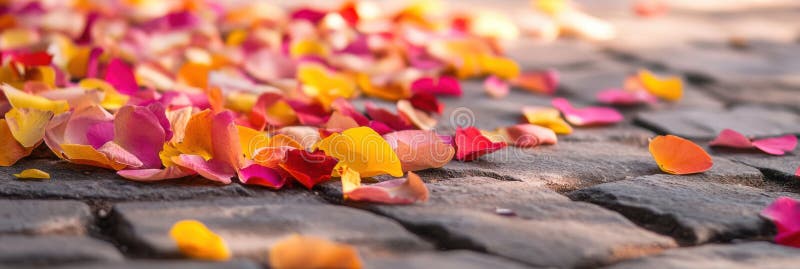 Vibrant Petals Scattered on Cobblestone Pathway in Sunlight Stock Image ...