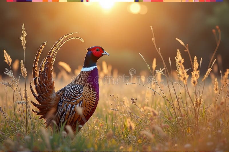 Vibrant Pheasant in Golden Field during Sunset Stock Image - Image of ...