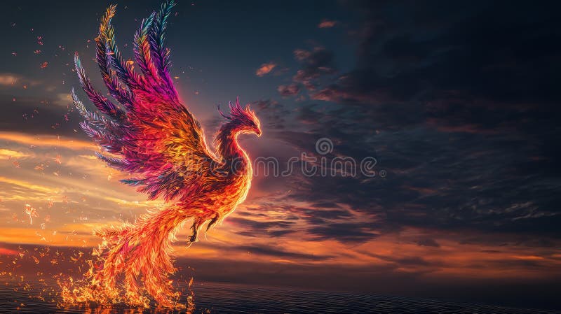 A Vibrant Phoenix Bird Soars through the Sky, Its Wings Ablaze with ...