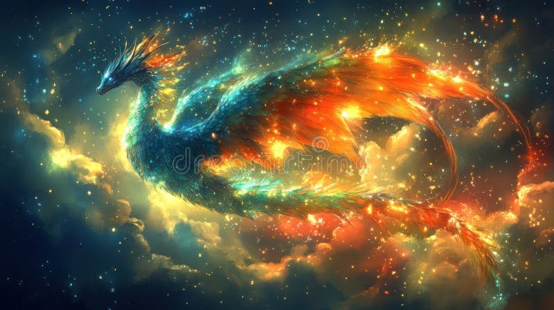 A Vibrant Phoenix-like Creature Soars through a Cosmic Landscape of ...