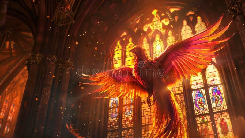 A Vibrant Phoenix Perched on a Stained Glass Window in a Grand ...