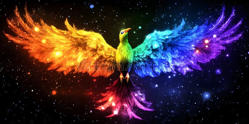 A Vibrant Phoenix with Rainbow Feathers Spread Against a Dark Starry ...