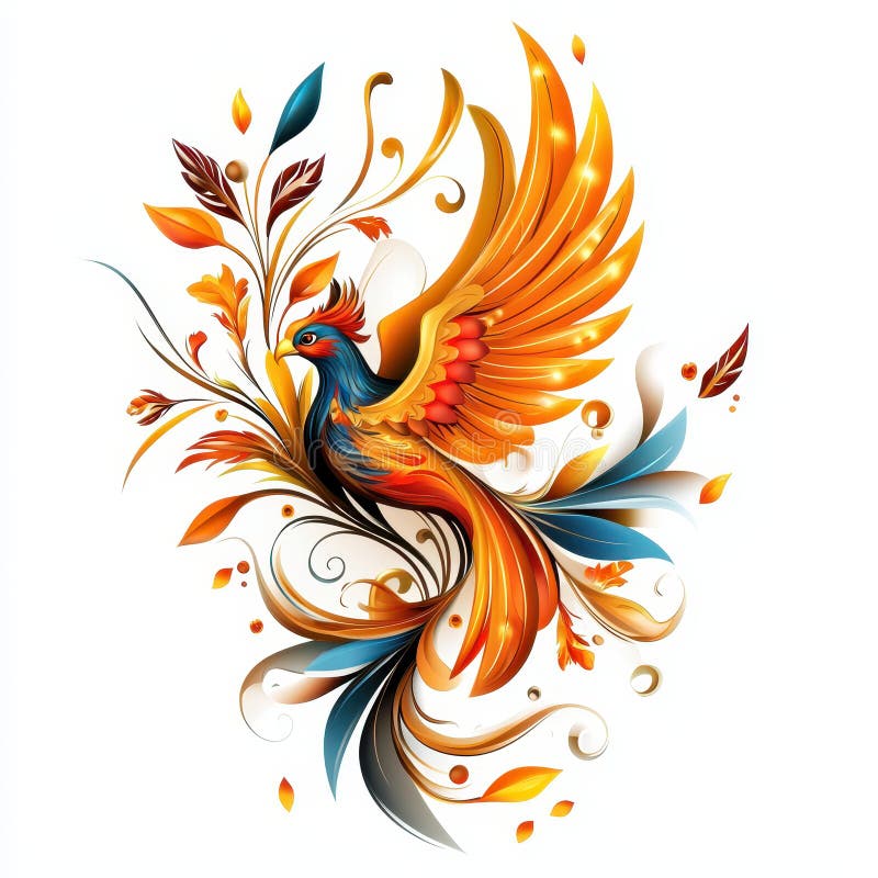 Vibrant Phoenix Rising with Colorful Feathers and Floral Elements ...