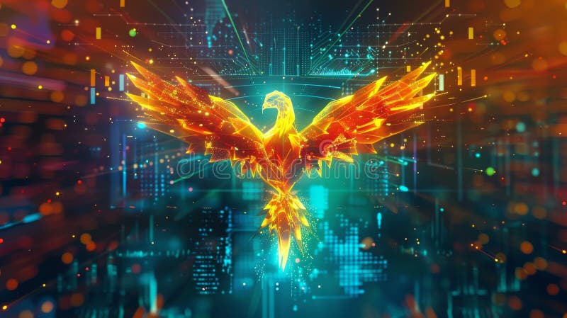 A Vibrant Phoenix Rising from a Computer Display Its Wings Spread Wide ...