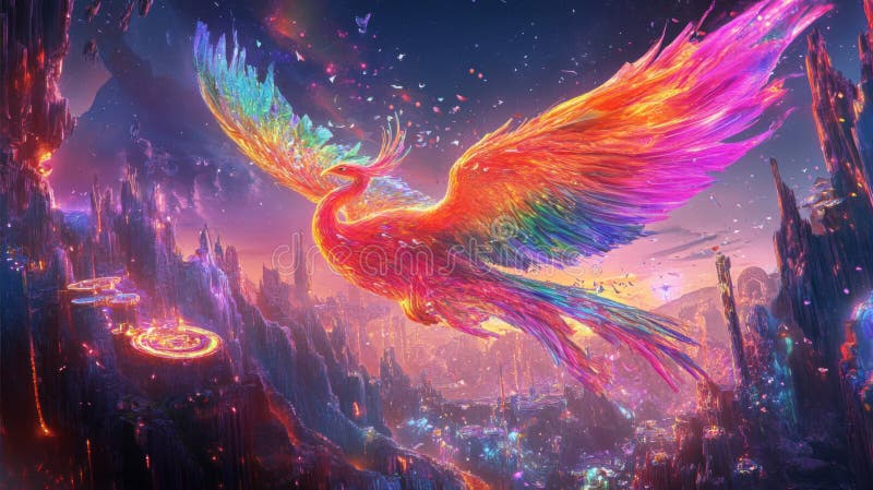 A Vibrant Phoenix Soaring Over a Sparkling Cityscape Stock Illustration ...