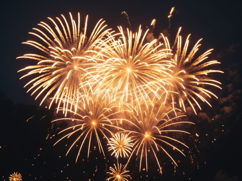 A Vibrant Photograph Capturing Multiple Golden Fireworks Stock Image ...