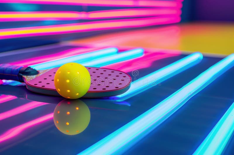 Vibrant Pickleball Paddle and Ball with Neon Lights on Reflective ...
