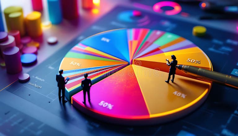 Vibrant Pie Chart Data Visualization: Miniature Figures Analyzing ...