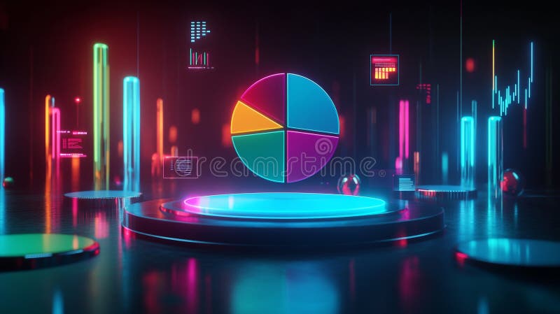 Vibrant Pie Chart Floats Above a Neon Platform Stock Illustration ...
