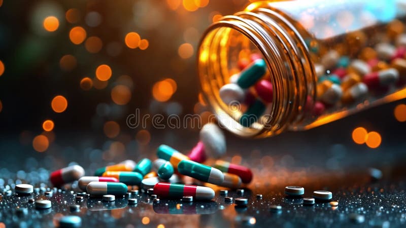Colorful Pills Spill from a Jar with a Sparkling Backdrop Creating a ...