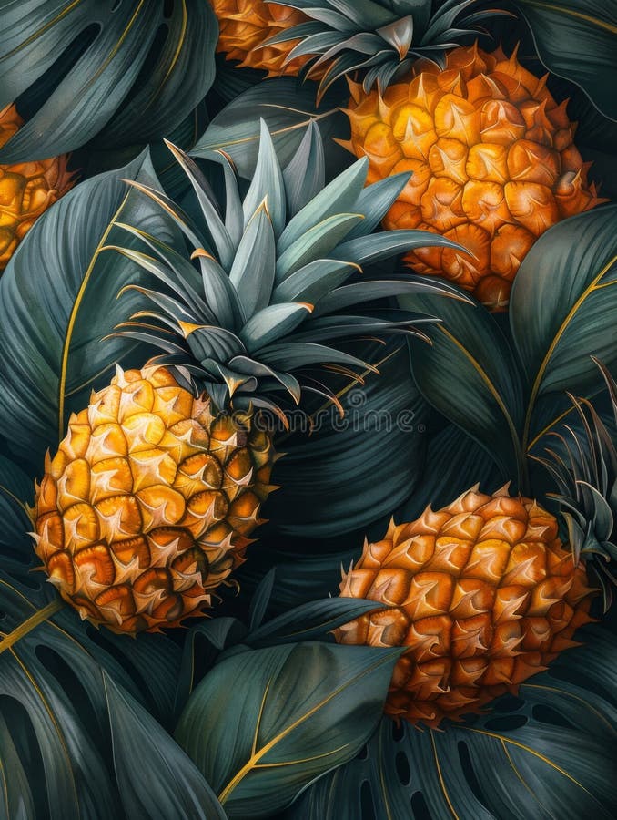 Vibrant Pineapples and Tropical Leaves - Fresh and Exotic Summer Fruit Background Stock Photo ...