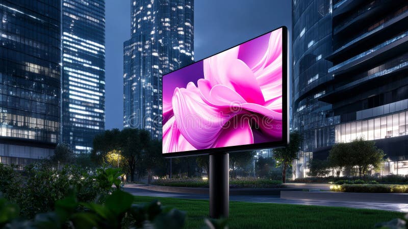 Vibrant Pink Abstract on Digital Billboard in Modern Urban Nightscape ...