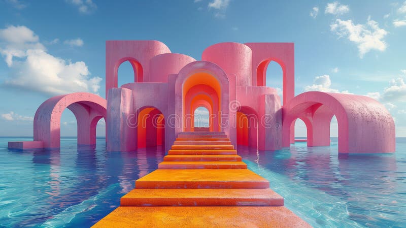 Vibrant Pink Architectural Structure Surrounded by Calm Ocean Waters ...