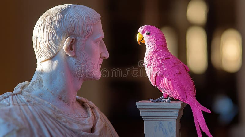 Vibrant Pink Bird Perched on Classical Bust Surrounded by Light Stock ...