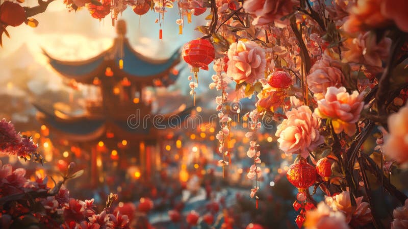 Vibrant Pink Blossoms Frame Asian Temple at Sunset Stock Illustration ...
