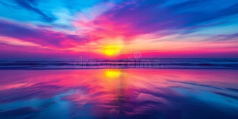 Vibrant Pink and Blue Ocean Sunset Beach Seascape Panorama Stock ...
