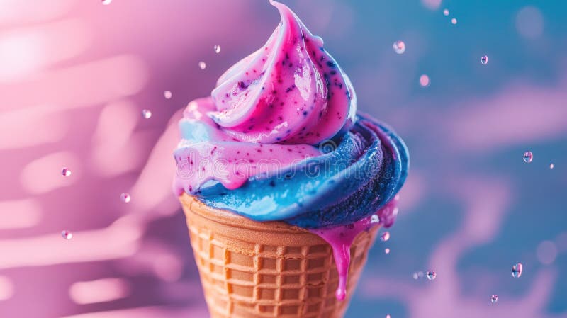 Vibrant Pink and Blue Swirled Ice Cream Cone with Dripping Drops Stock ...