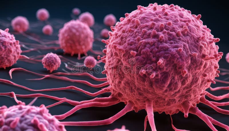 Vibrant Pink Cancer Cells Under a Microscope, Highlighting the ...