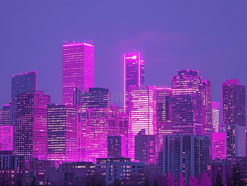 A Vibrant Pink Cityscape at Night with Glowing Lights Stock ...