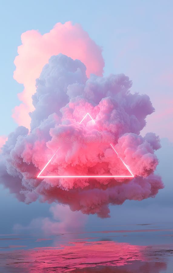 Vibrant Pink Clouds Floating Above Reflective Water at Dusk with Neon ...
