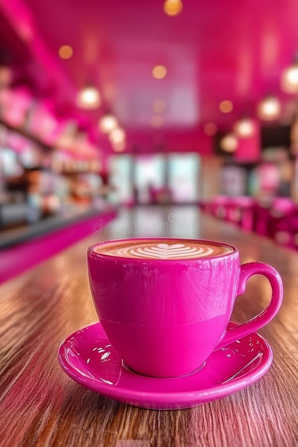 Vibrant Pink Coffee Cup on Wooden Table, with Blurred Pink Cafe ...