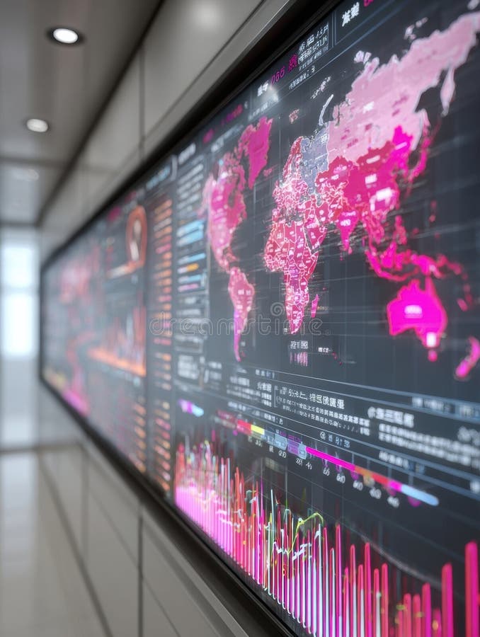 Interactive Global Data Dashboard in a Modern Office with Vibrant Pink Graphics and a Daytime ...
