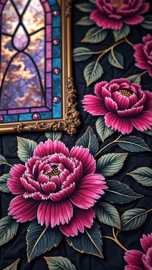 Vibrant Pink Floral Tapestry with Stained Glass Window Reflection Stock ...