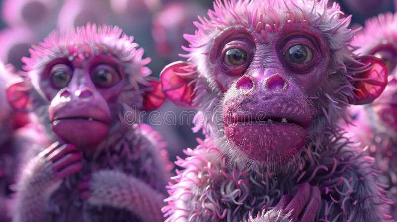 Vibrant Pink Hairy Creatures with Expressive Faces in Crowd Stock ...
